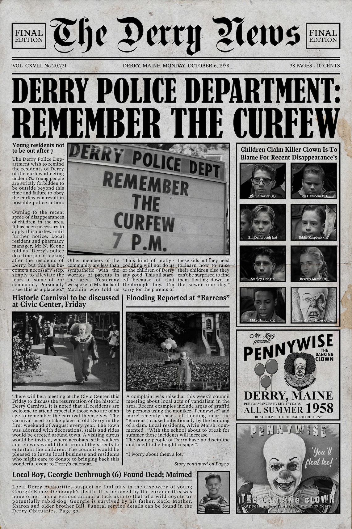 Local Boy Georgie Found Maimed, Kids Claim Clown is Killer Newspaper ...