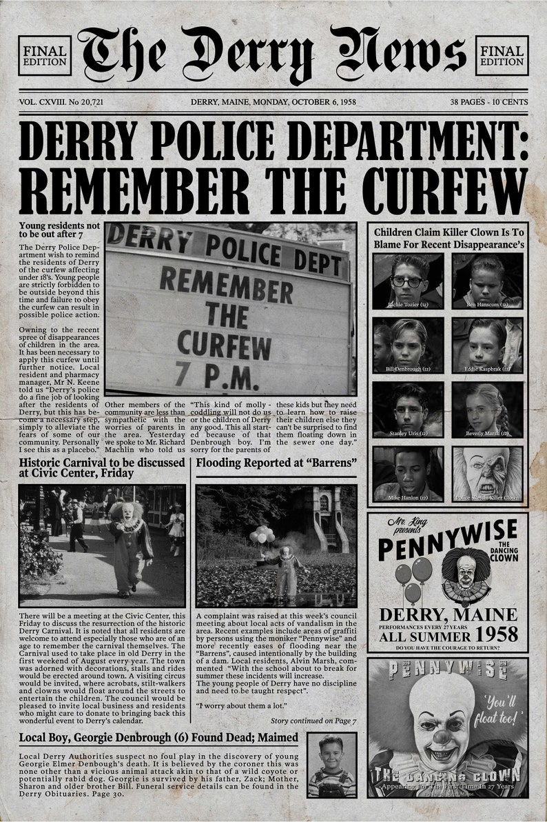 Local Boy Georgie Found Maimed, Kids Claim Clown is Killer Newspaper ...