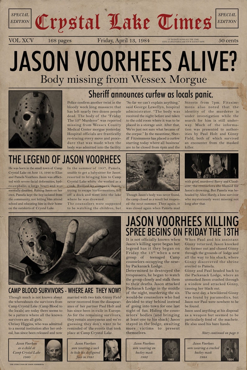 Killer, Jason Alive? Newspaper Article 20 Inch X 30 Inch 300dpi Poster ...