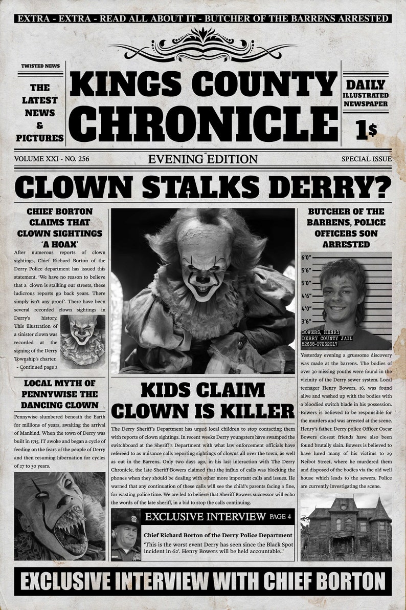 Local Boy Georgie Found Maimed, Kids Claim Clown is Killer Newspaper ...