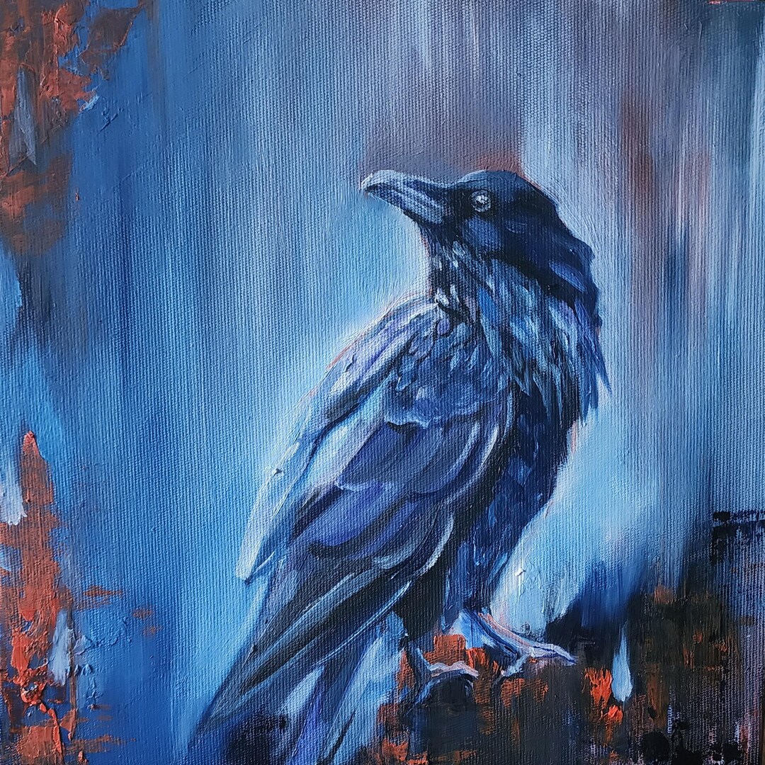 Original Oil Painting of a Raven Abstract Textured Artwork With Purple ...