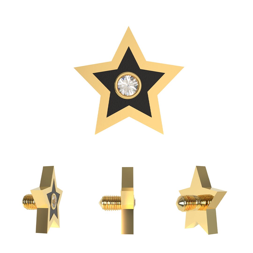 14k Star Diamonds Gold Threaded Dermal, Threaded Screw, Body Piercing ...
