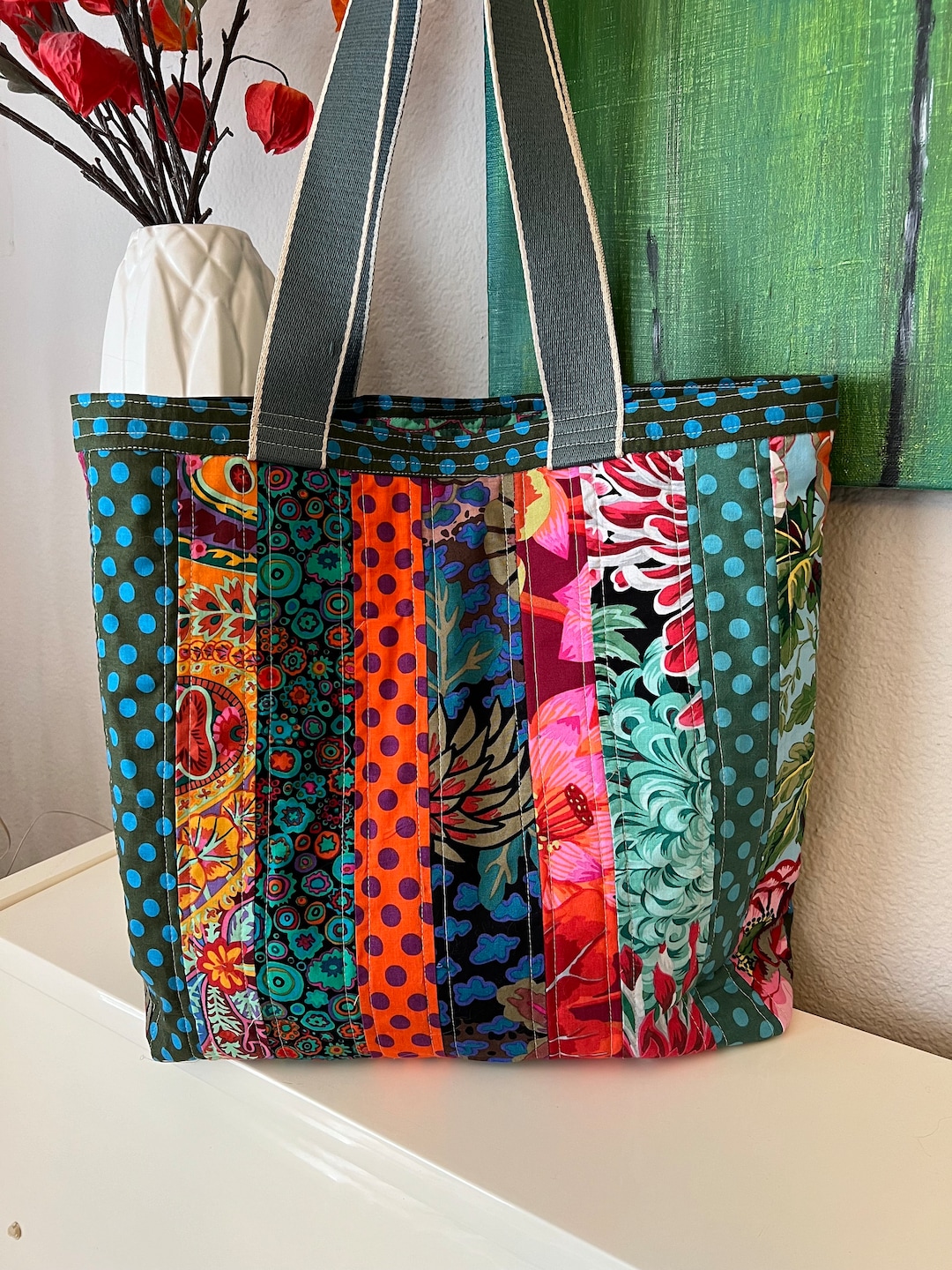 Quilted Tote Bag, Kaffe Fasset Collective Fabric, Patchwork Tote, Hand ...