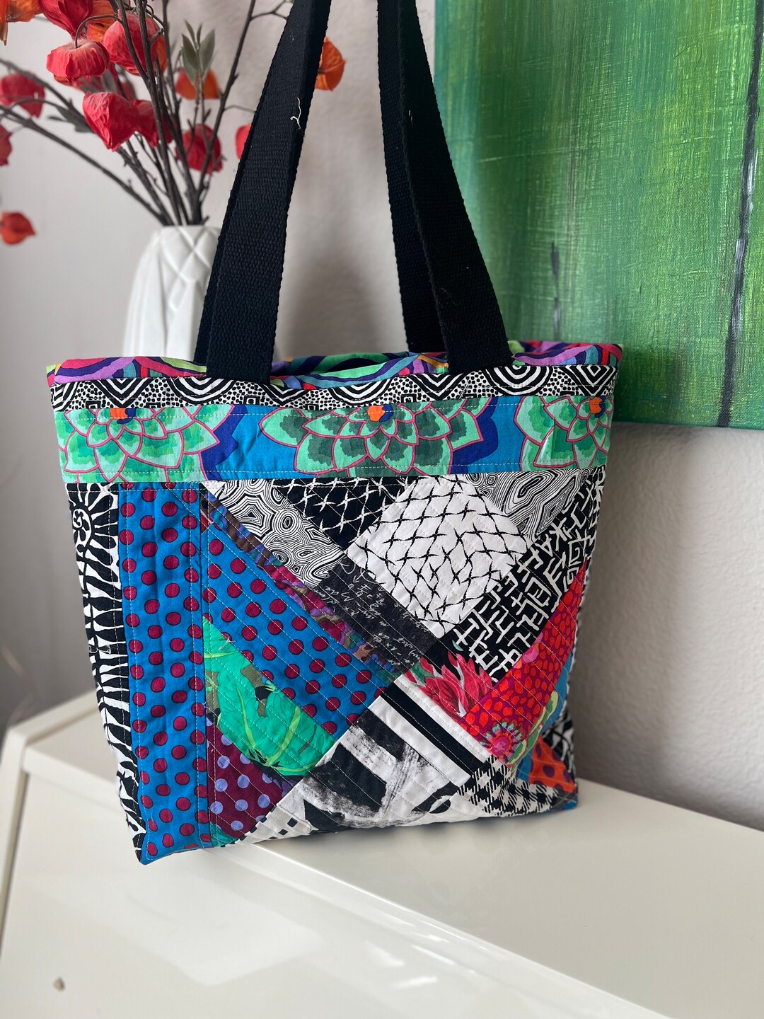 Quilted Tote Bag, Kaffe Fasset Collective Fabric, Large Patchwork Tote ...