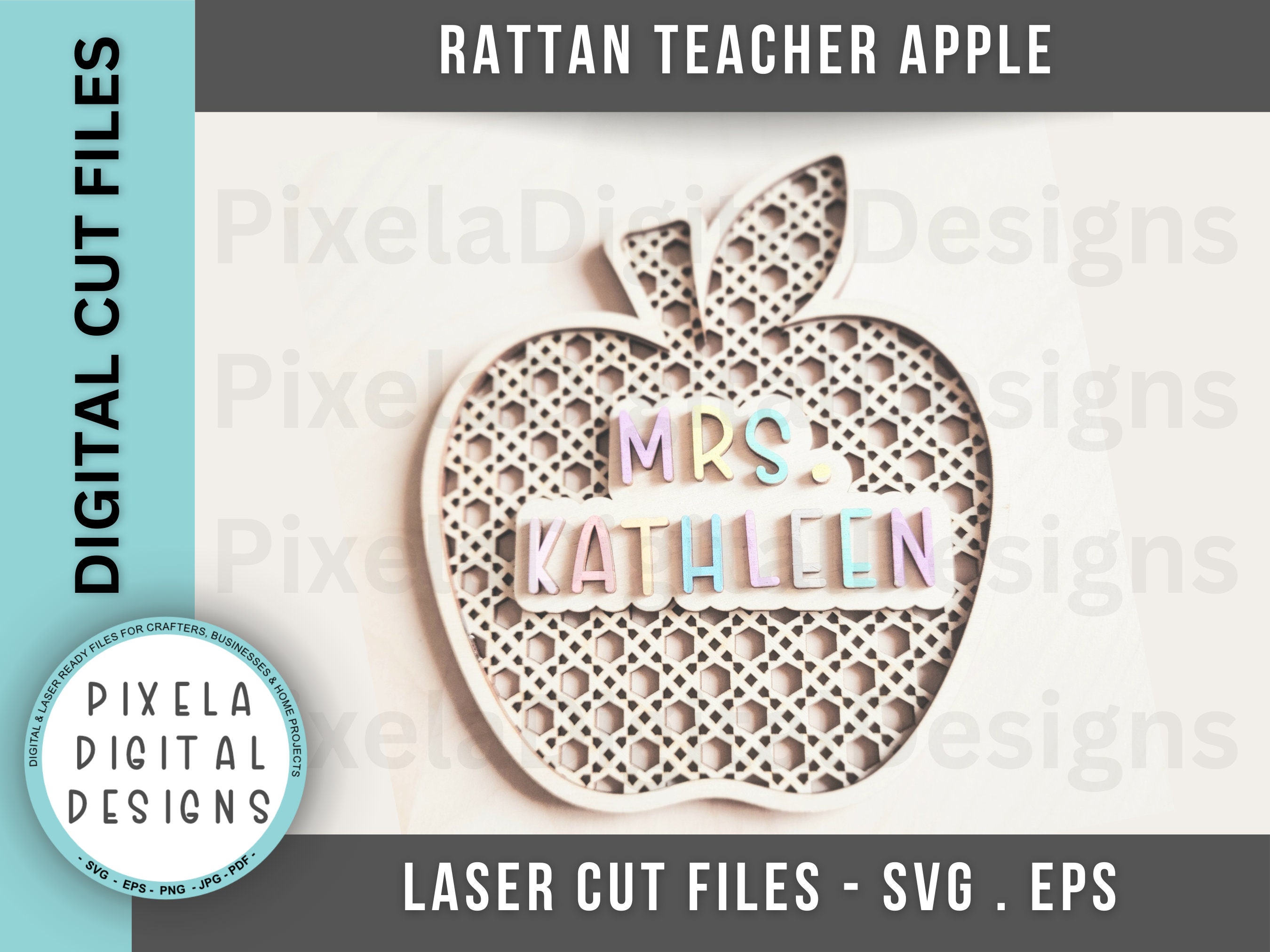 Digital Rattan Teacher Apple Name Sign SVG, Teacher Appreciation Gift ...
