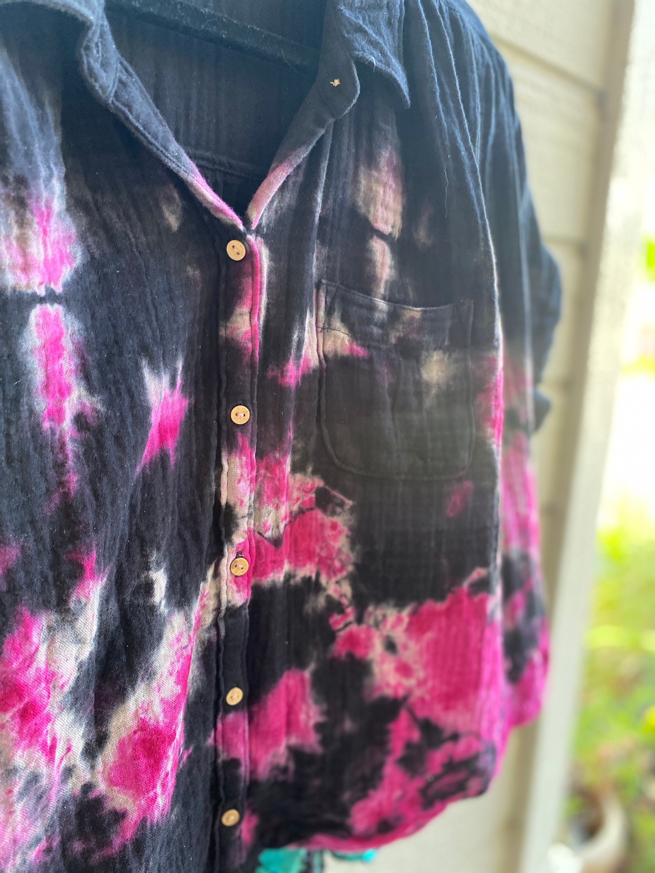 Crop Top Button up Tie Dye Shirt, Ice Dyed, Reverse Dyed Gauze Cotton ...