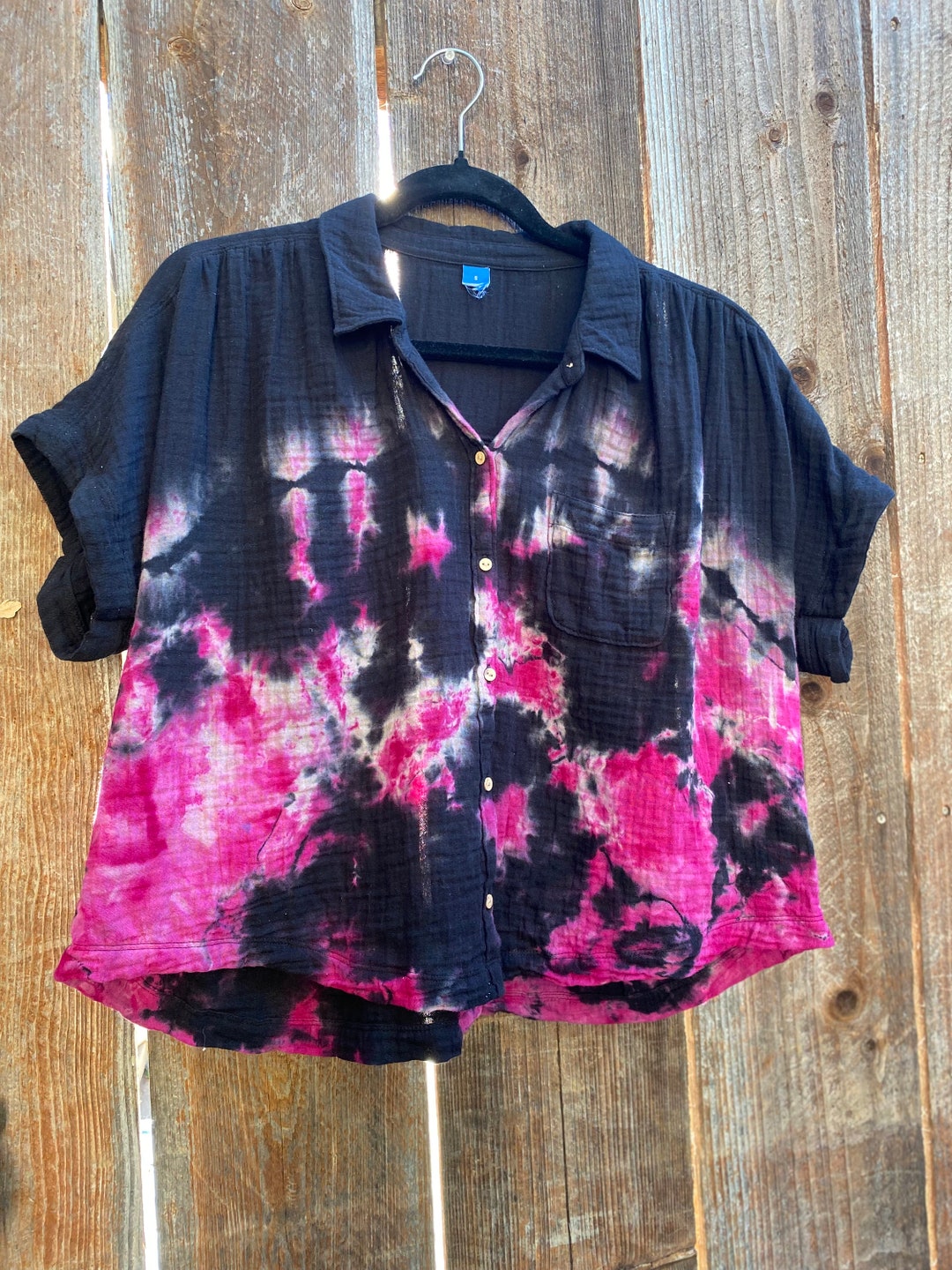 Crop Top Button up Tie Dye Shirt, Ice Dyed, Reverse Dyed Gauze Cotton ...