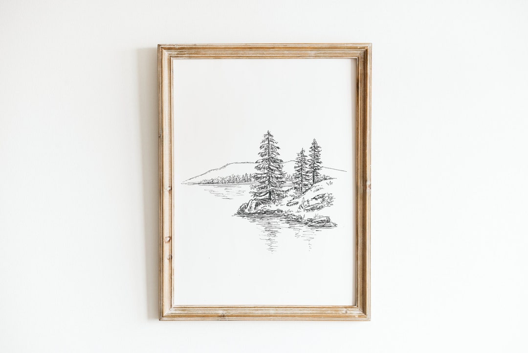Minimalist Lake Drawing Mountains Water Art Print Lake Wall Decor ...