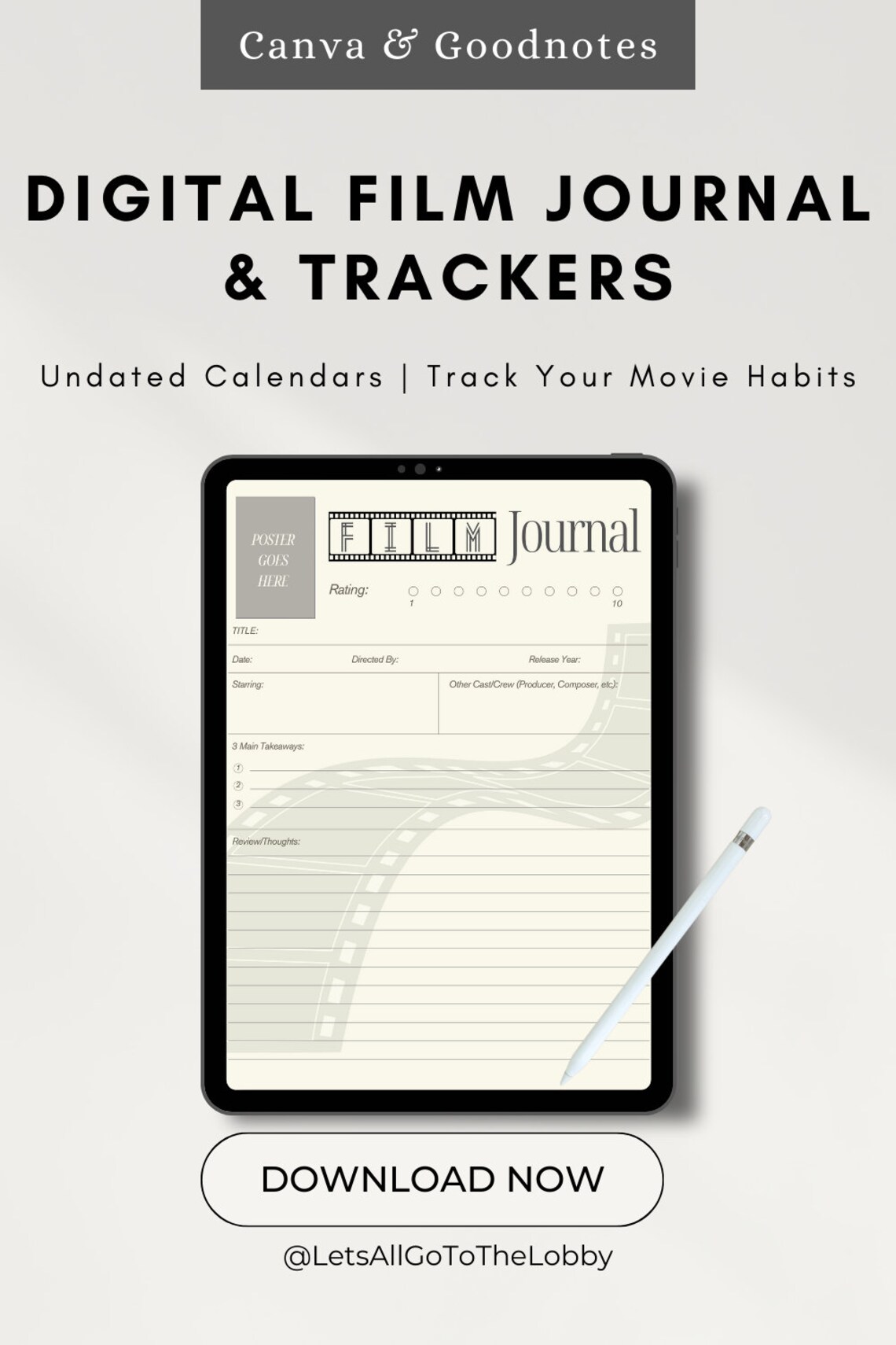 Undated Film and Movie Journal Tracker for Goodnotes and Canva | iPad ...