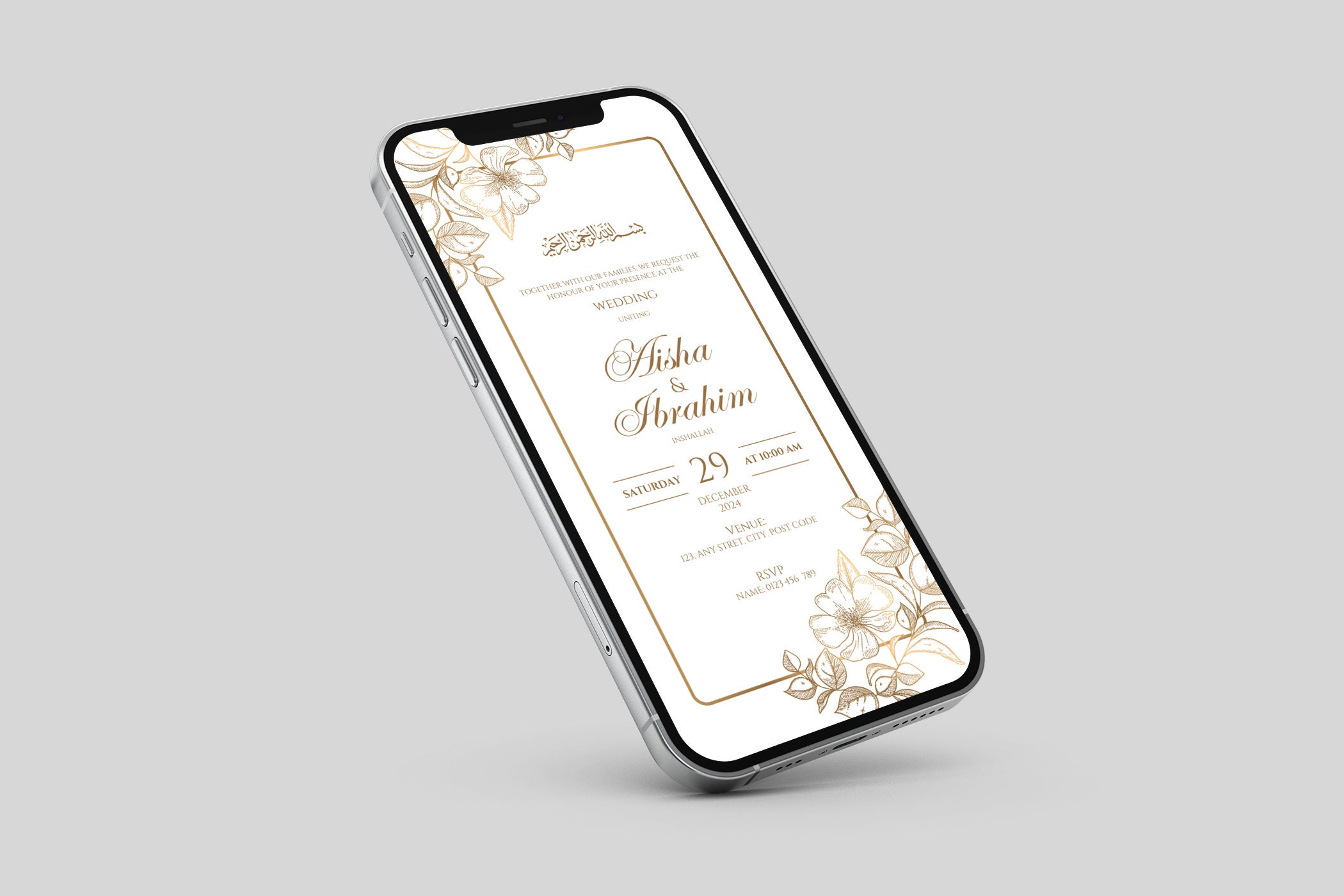 Editable Digital Muslim Nikkah Walima Invitation Minimalist Gold ...