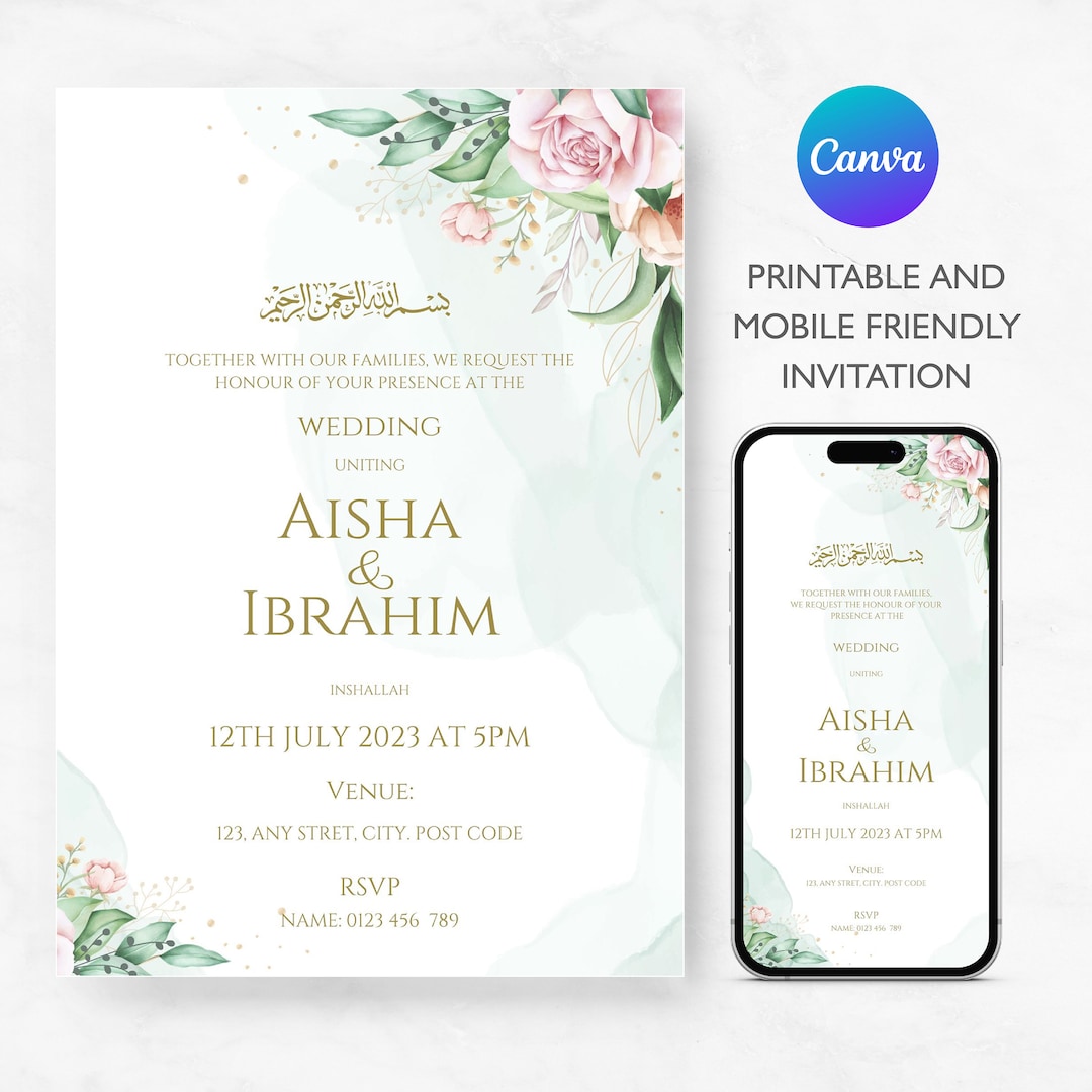 Editable Digital Muslim Nikkah Walima Invitation Template | Elegant ...
