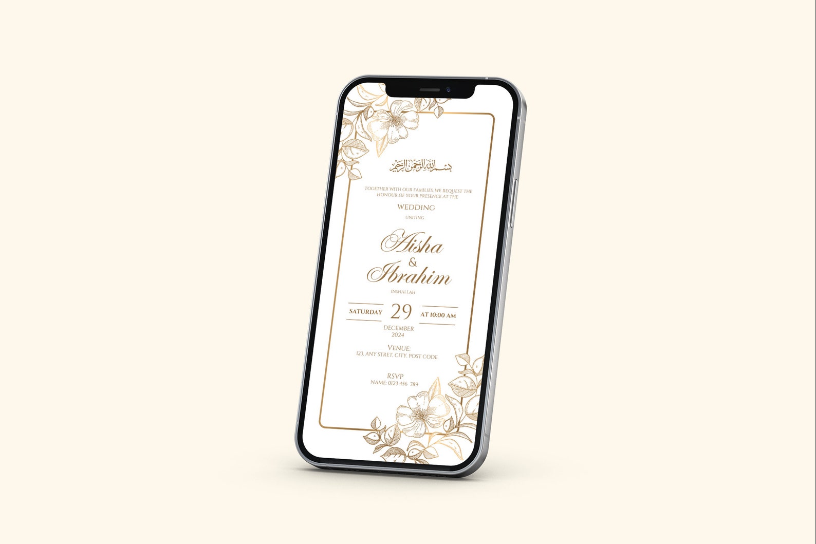 Editable Digital Muslim Nikkah Walima Invitation Minimalist Gold ...