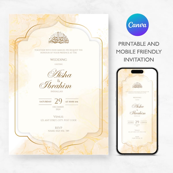 Editable Islamic Nikkah Walima Invitation Template, Red Floral Muslim ...