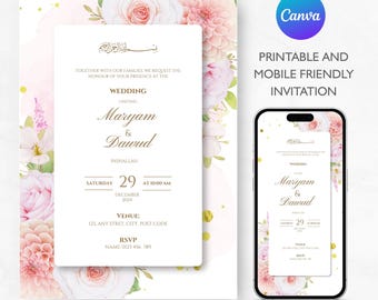 Editable Islamic Nikkah Walima Invitation Template, Red Floral Muslim ...