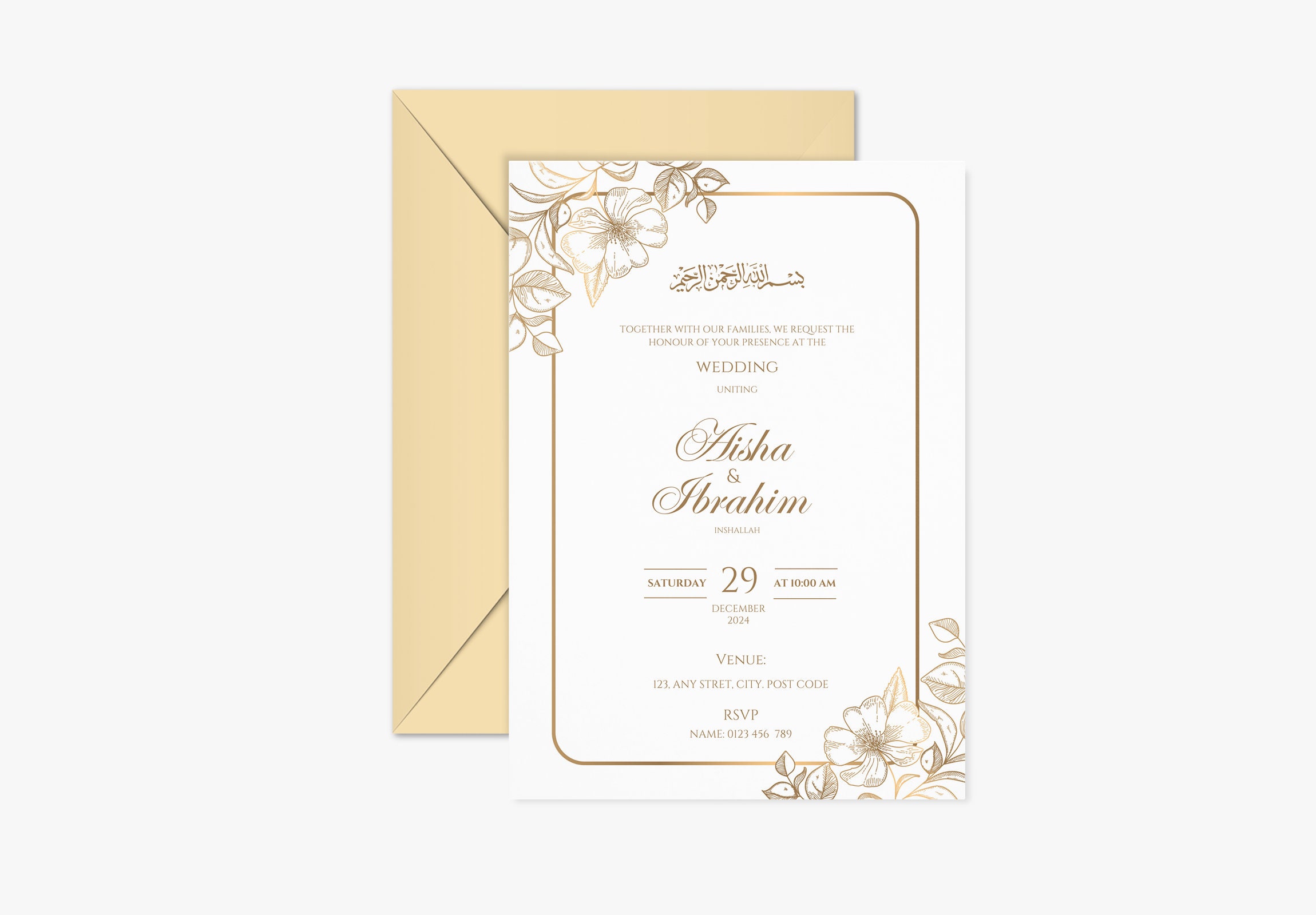 Editable Digital Muslim Nikkah Walima Invitation Minimalist Gold ...