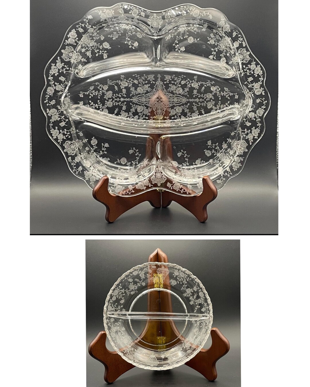 Vintage Cambridge Glass Rose Point Etched Relish Dishes, Set of 2 ...