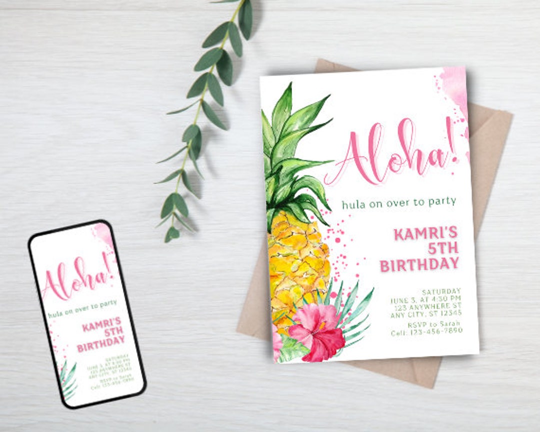 Invitación de cumpleaños para niñas, tema de piña tropical multicolor ...