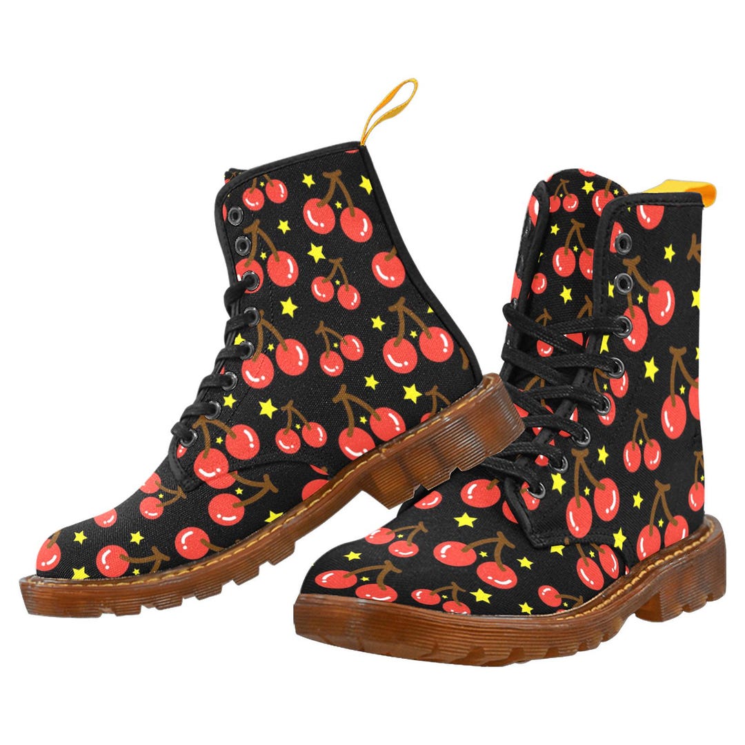 Women's Lace-up Canvas Boots: Black & Red Cherry Design - Etsy