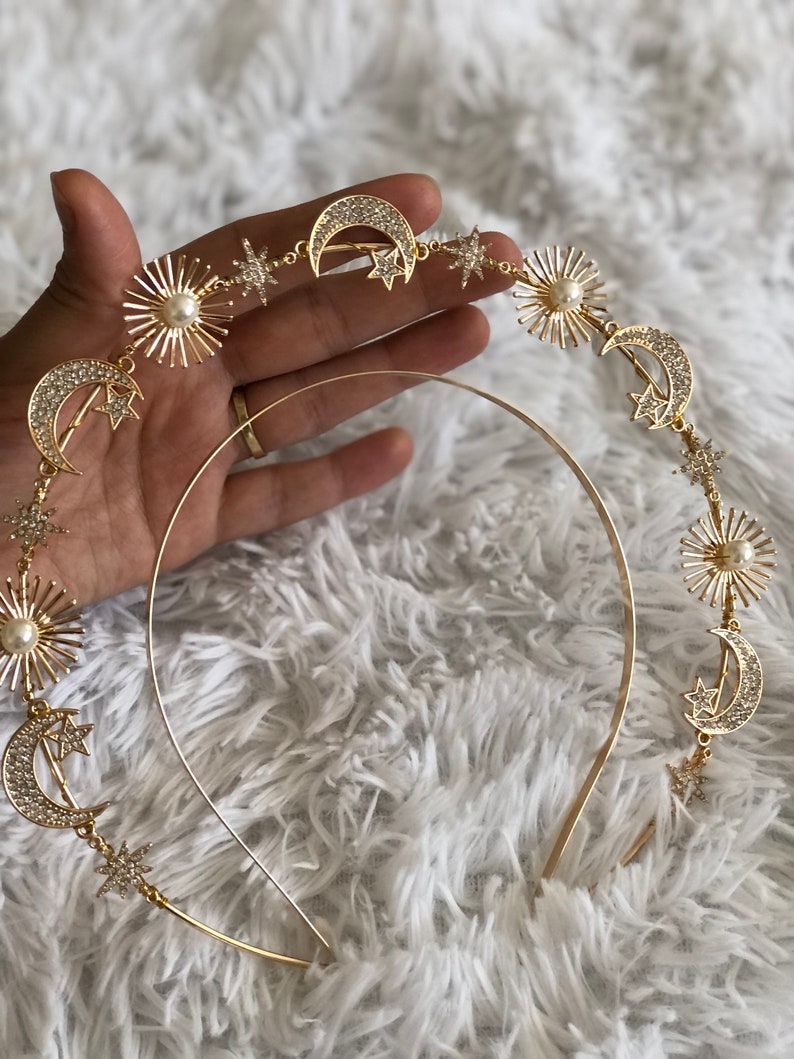 Star Halo Crown Headband Crystal Moon Tiara Headbands Gold Goddess ...