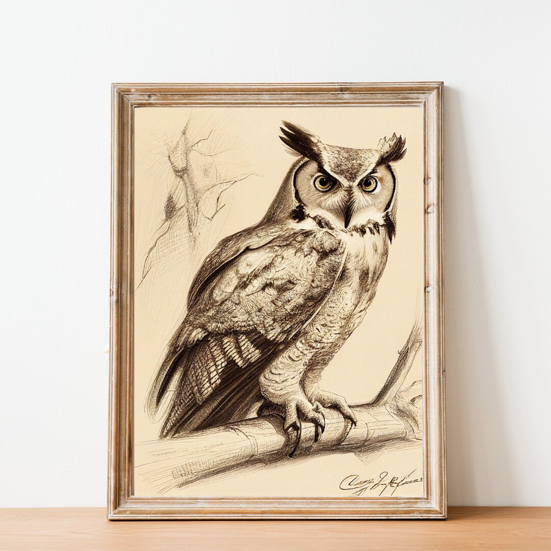 Vintage Hand-drawn Great Horned Owl Print Rustic Home Decor Wall Print ...
