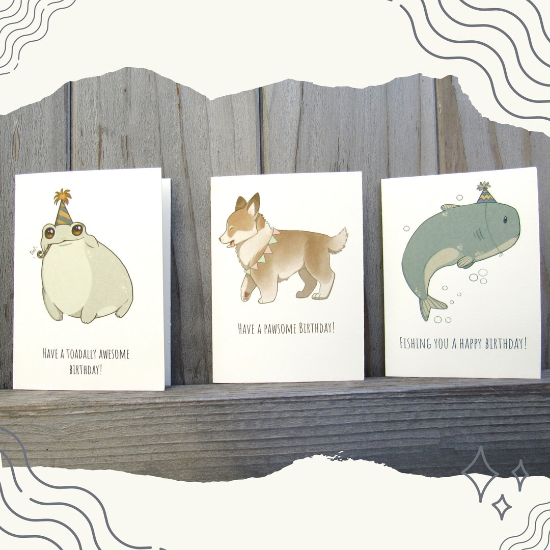 Punny Animal Birthday Cards 3 Pack Cute Animals Toad, Dog, Fish Funny ...