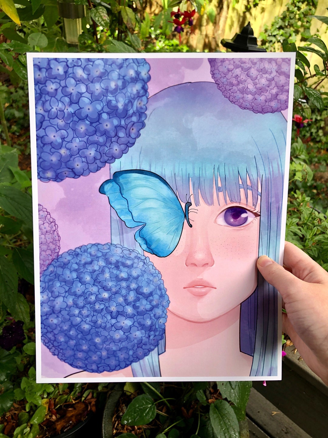 Anime Girl Art Print: Butterfly, Hydrangeas, Blue Hair (8.5" X 11") - Etsy