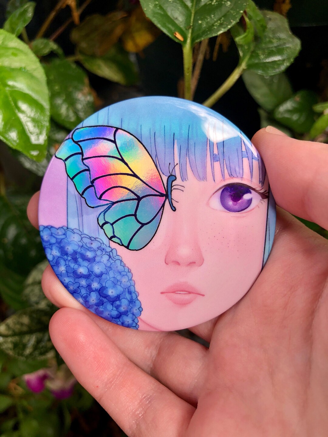 Anime Girl With Rainbow Holographic Butterfly Pinback Button - Etsy