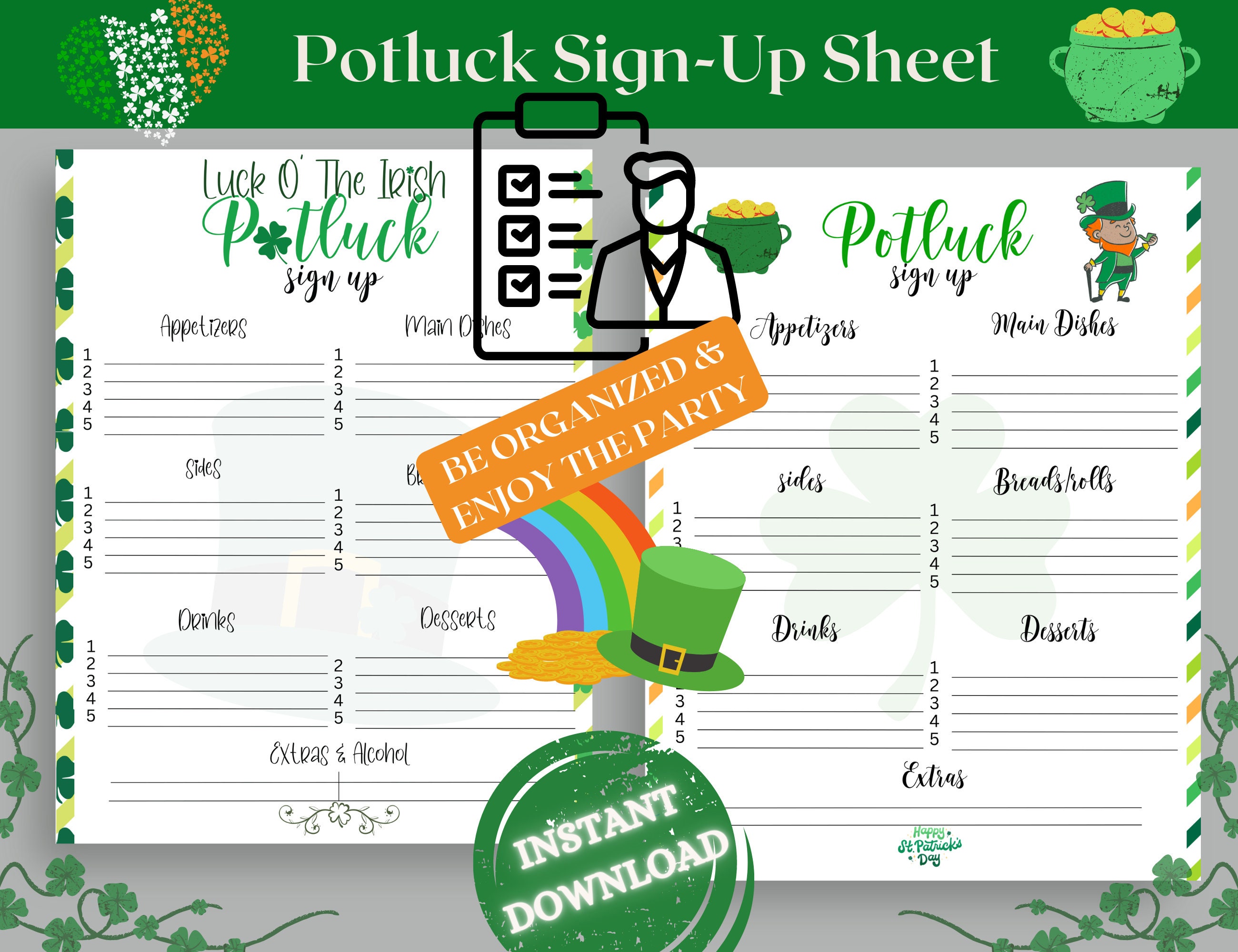 Printable St.patricks Day Holiday Potluck Sign up Sheet | Holiday Party ...