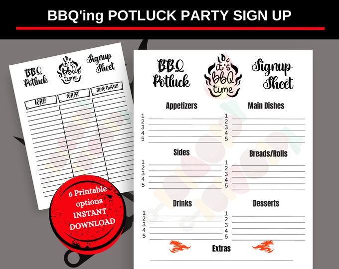 Summer BBQ Potluck Sign up Sheet, Printable Party Snack Sign up Page ...
