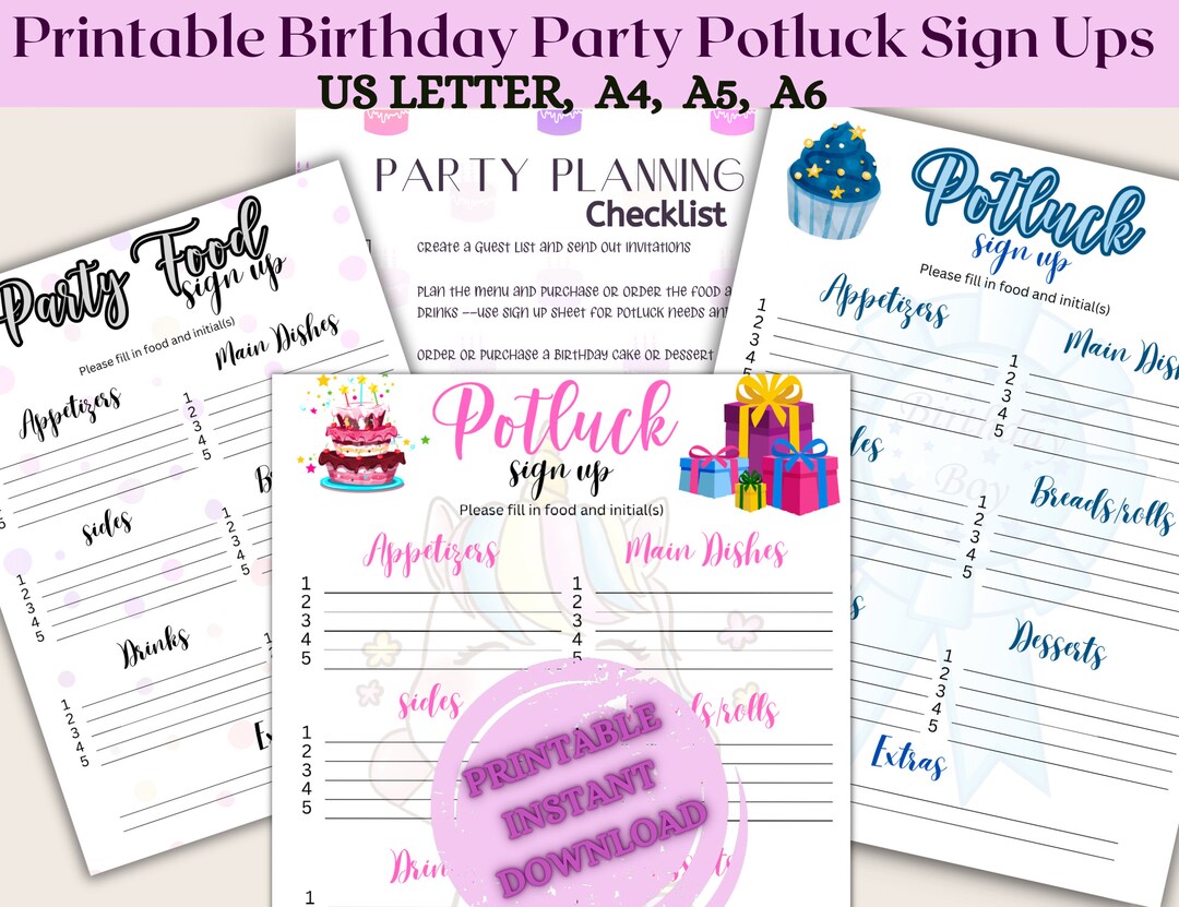 Printable Birthday Party Potluck Sign up Girl Birthday Party Food Sign ...