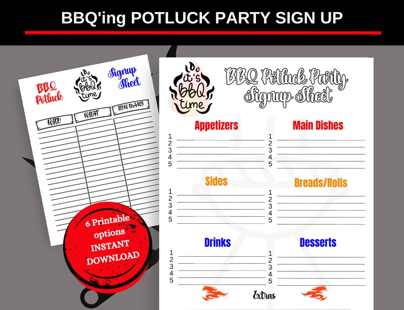 Summer BBQ Party Potluck Sign up Sheet Printable Potluck Party - Etsy