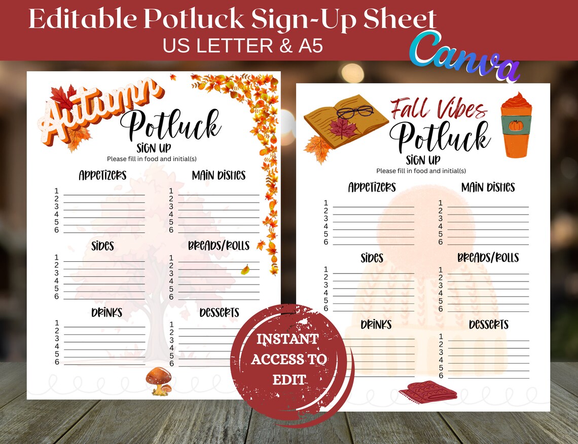 Editable Fall Potluck Sign up Sheet Holiday Sign up Sheet Autumn ...