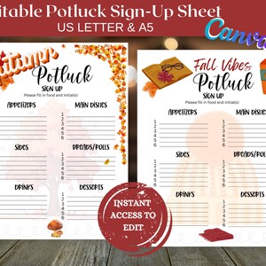 Editable Fall Potluck Sign up Sheet Holiday Sign up Sheet Autumn ...
