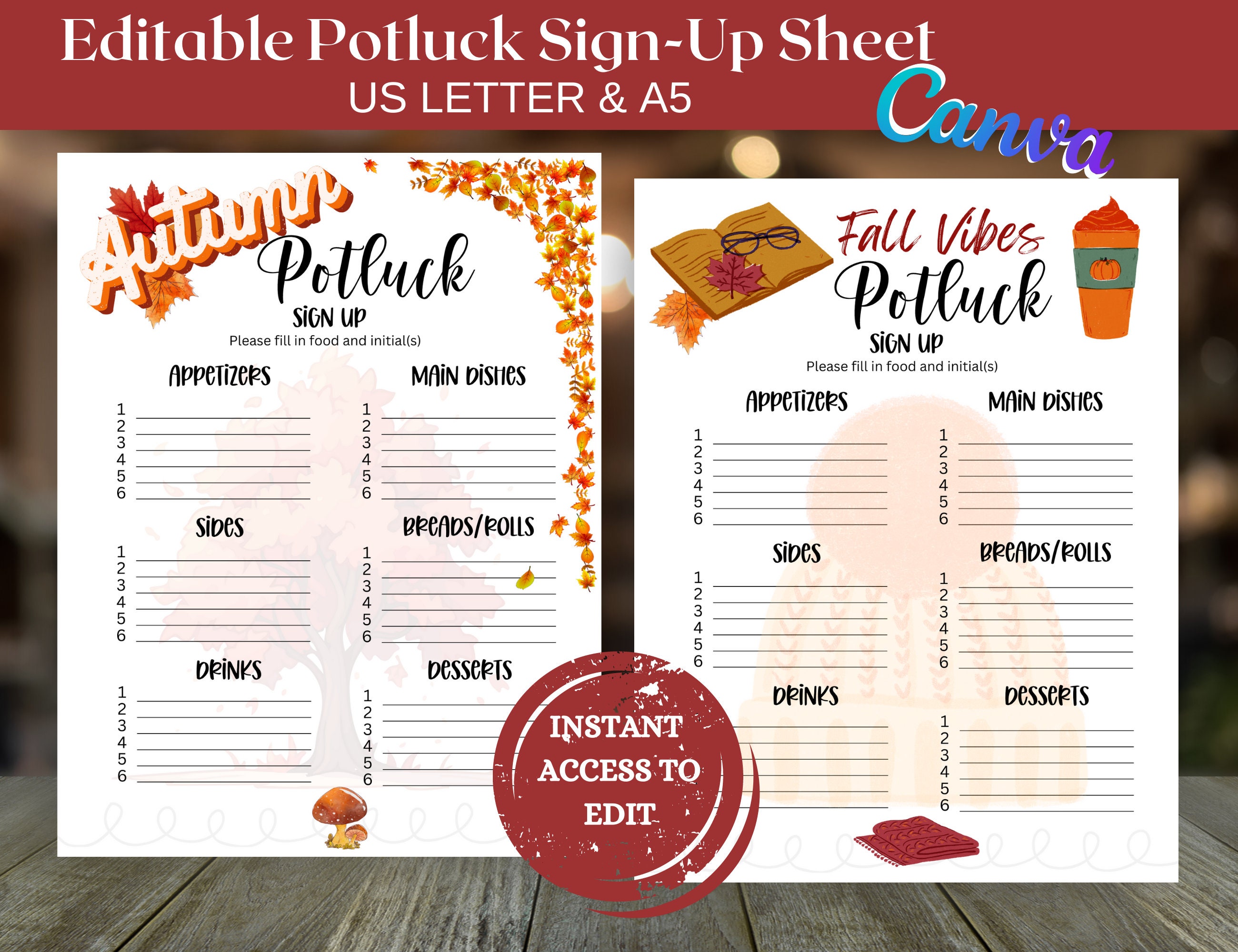 Editable Fall Potluck Sign up Sheet Holiday Sign up Sheet Autumn ...