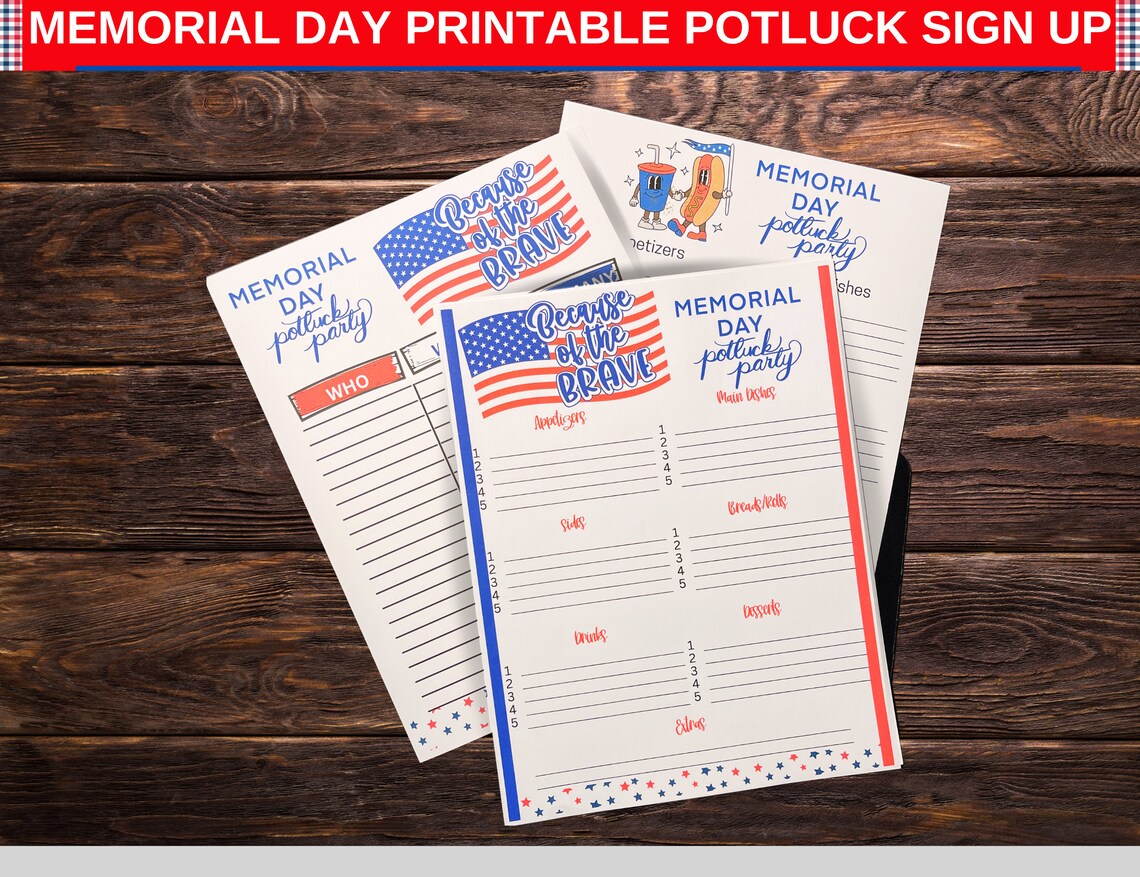 Memorial Day Potluck Sign up Sheet Food Sign up Sheet Printable Potluck ...