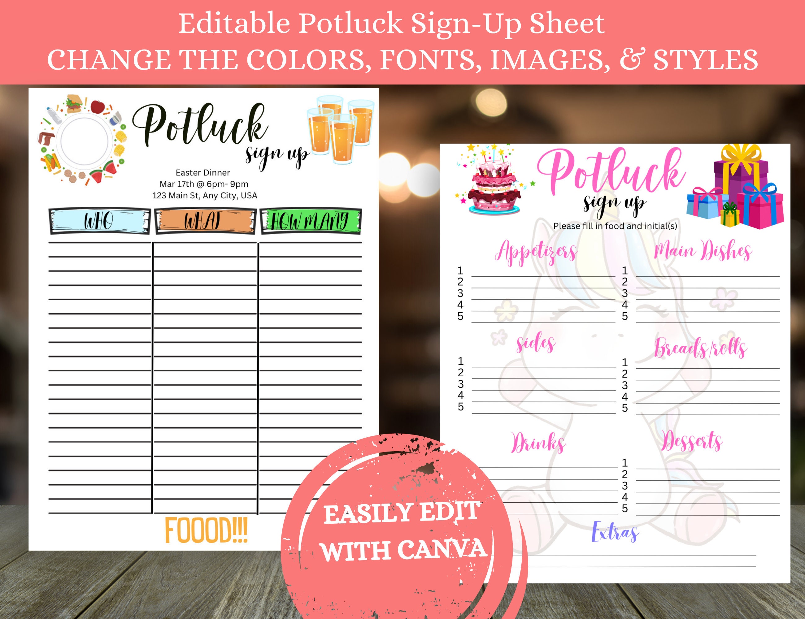 Editable Potluck Sign up Sheets With Canva | Easily Edit These Sheets ...