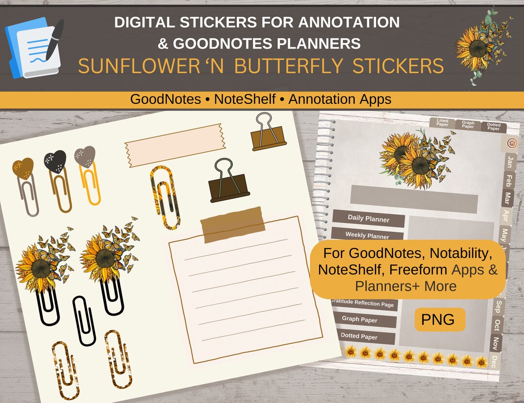 Digital Stickers for Planners & Annotation Apps | Sunflower Butterflies ...