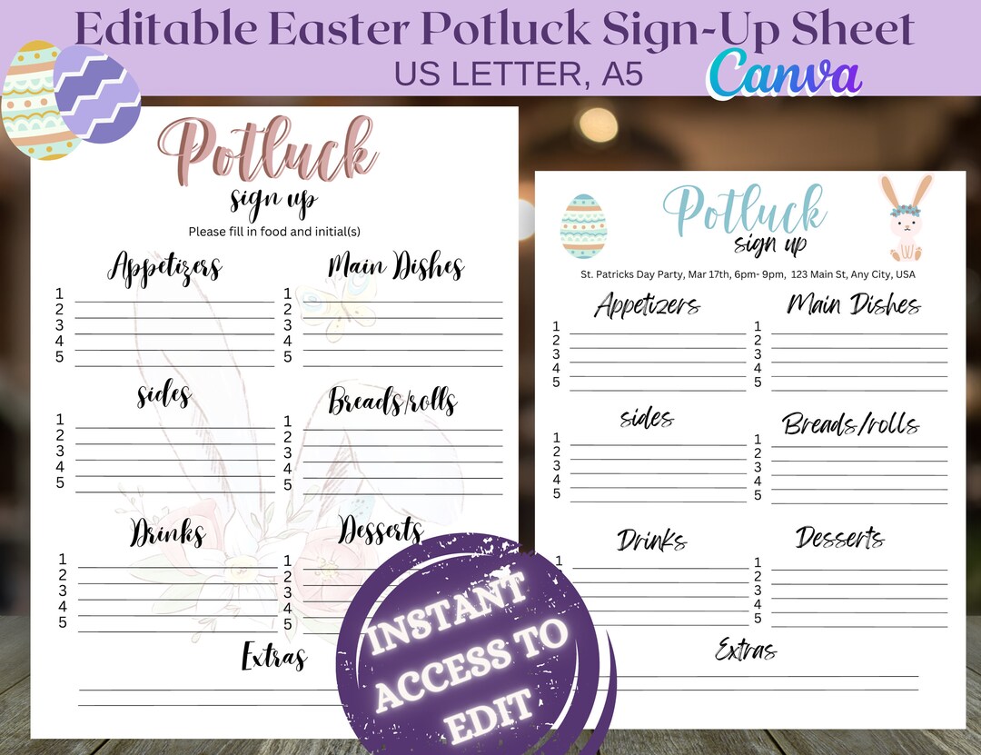 Easter Editable Potluck Sign up Sheets With Canva | Easily Edit for ...