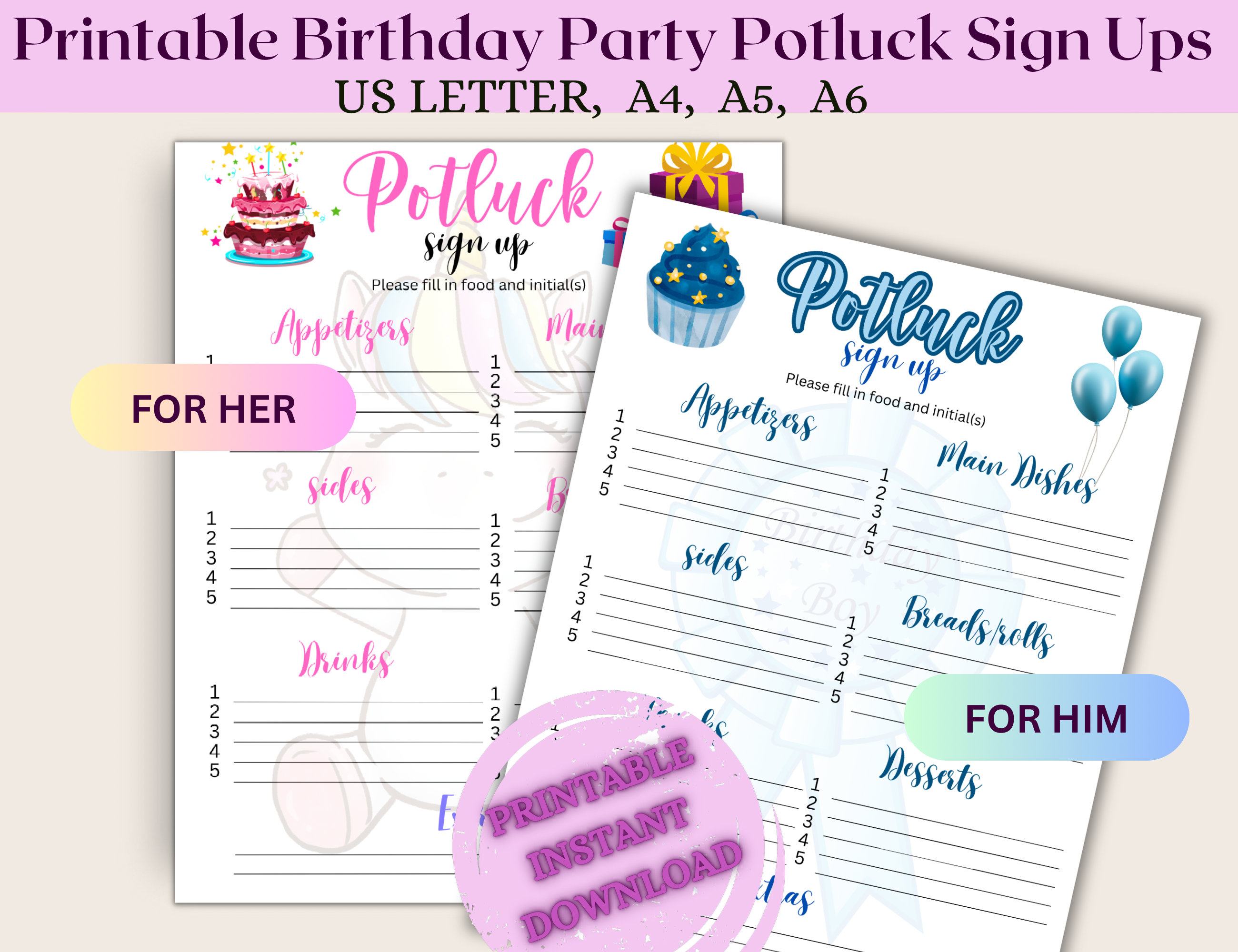 Printable Birthday Party Potluck Sign up Girl Birthday Party Food Sign ...