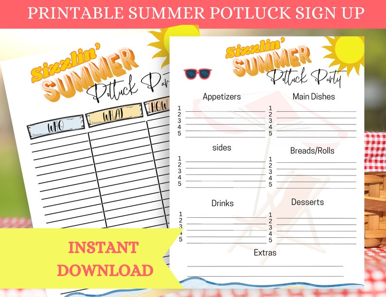 Printable Potluck Sign up Sheet Summer Potluck Sheet Summer Party ...