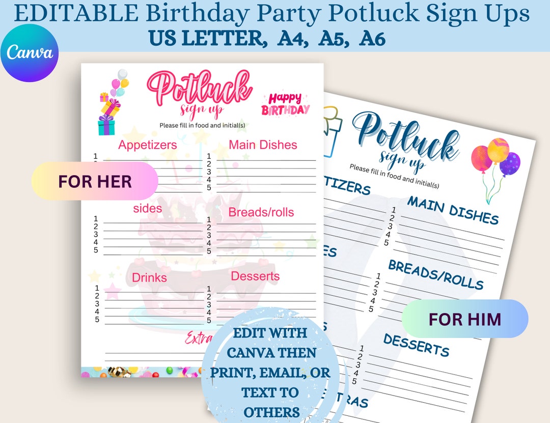 Editable Potluck Sign up Sheet Birthday Party for Kids Boy - Etsy