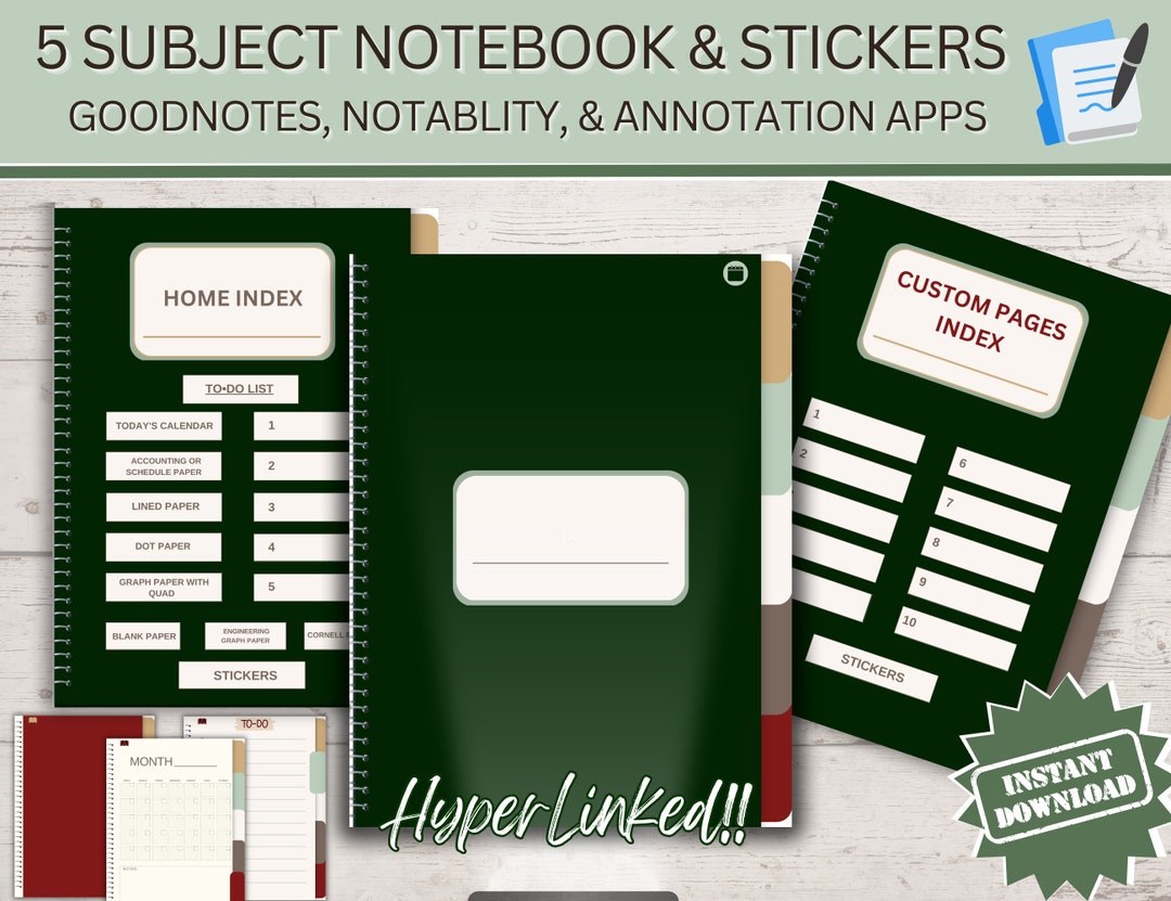 5 Subject Notebook, Hyperlinked Goodnotes Digital Notebook, Digital ...