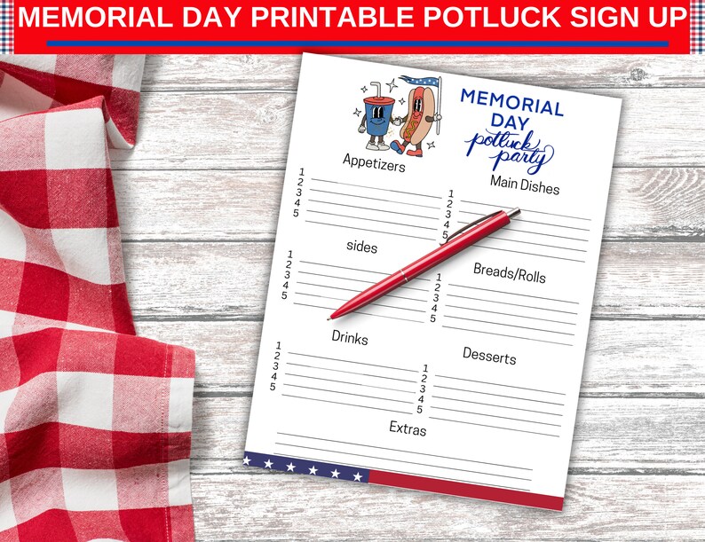 Memorial Day Potluck Sign up Sheet Food Sign up Sheet Printable Potluck ...