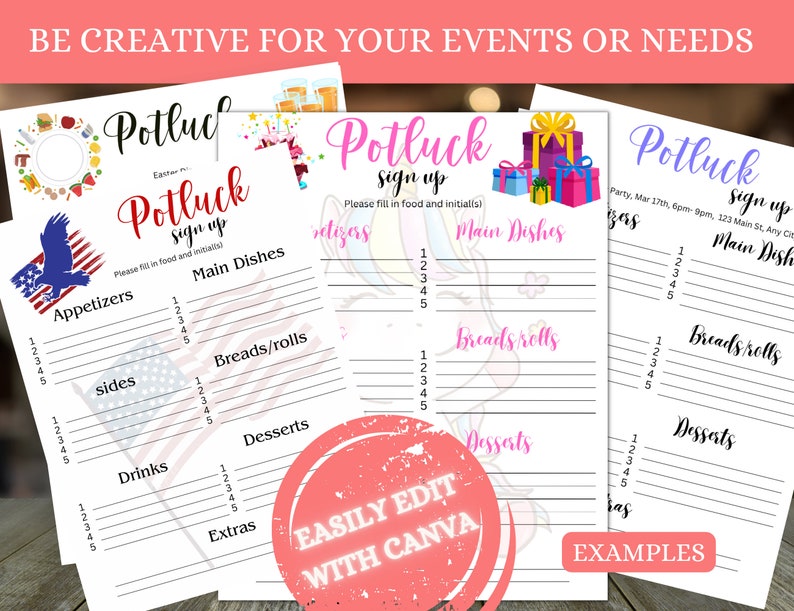 Editable Potluck Sign up Sheets With Canva | Easily Edit These Sheets ...