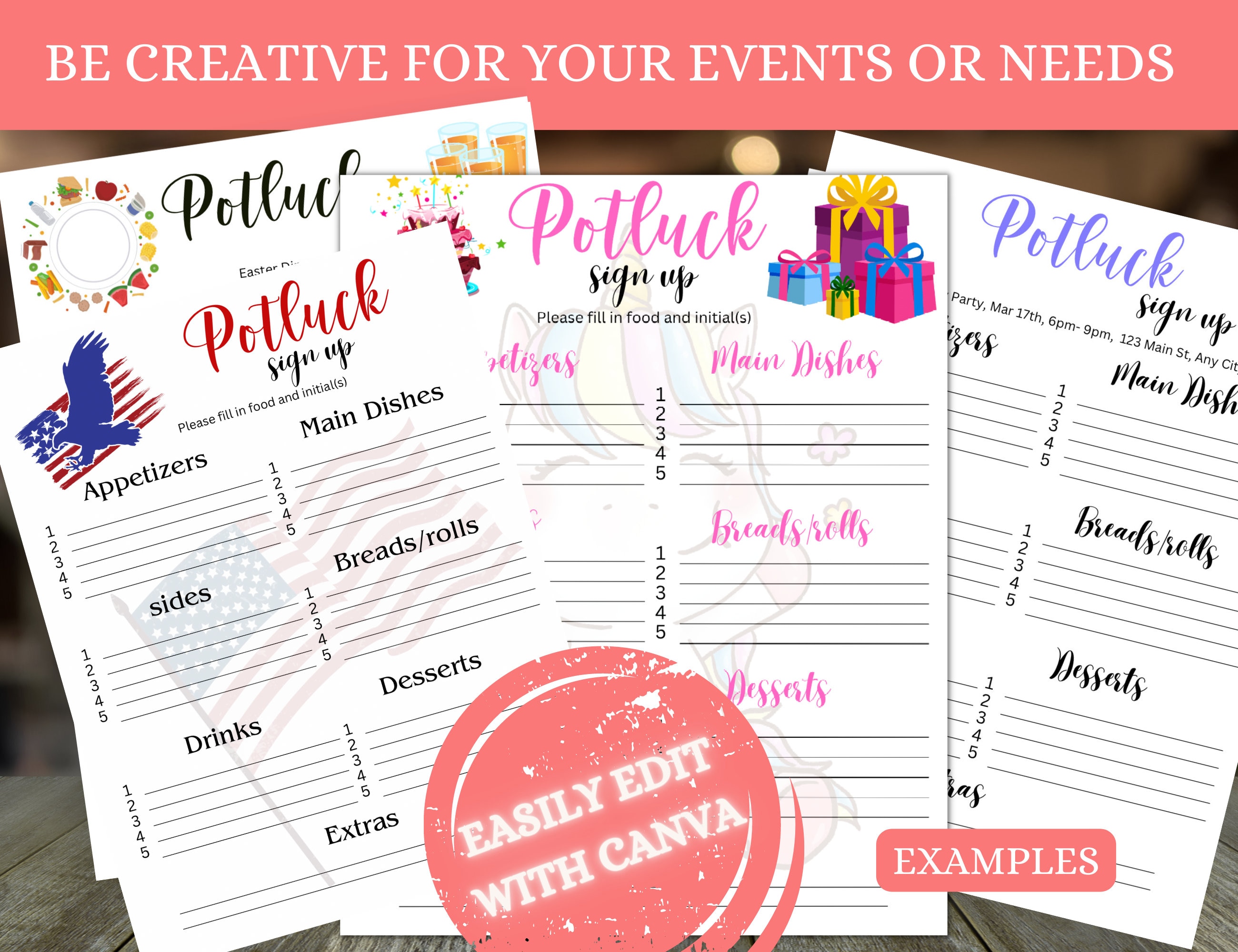 Editable Potluck Sign up Sheets With Canva | Easily Edit These Sheets ...