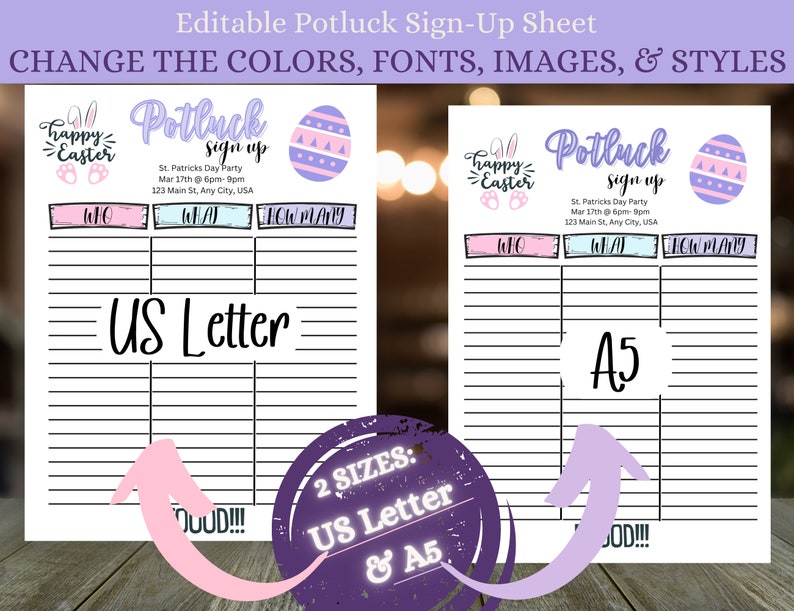 Easter Editable Potluck Sign up Sheets With Canva | Easily Edit for ...