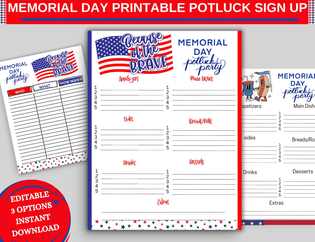 Memorial Day Potluck Sign up Sheet Food Sign up Sheet Printable Potluck ...