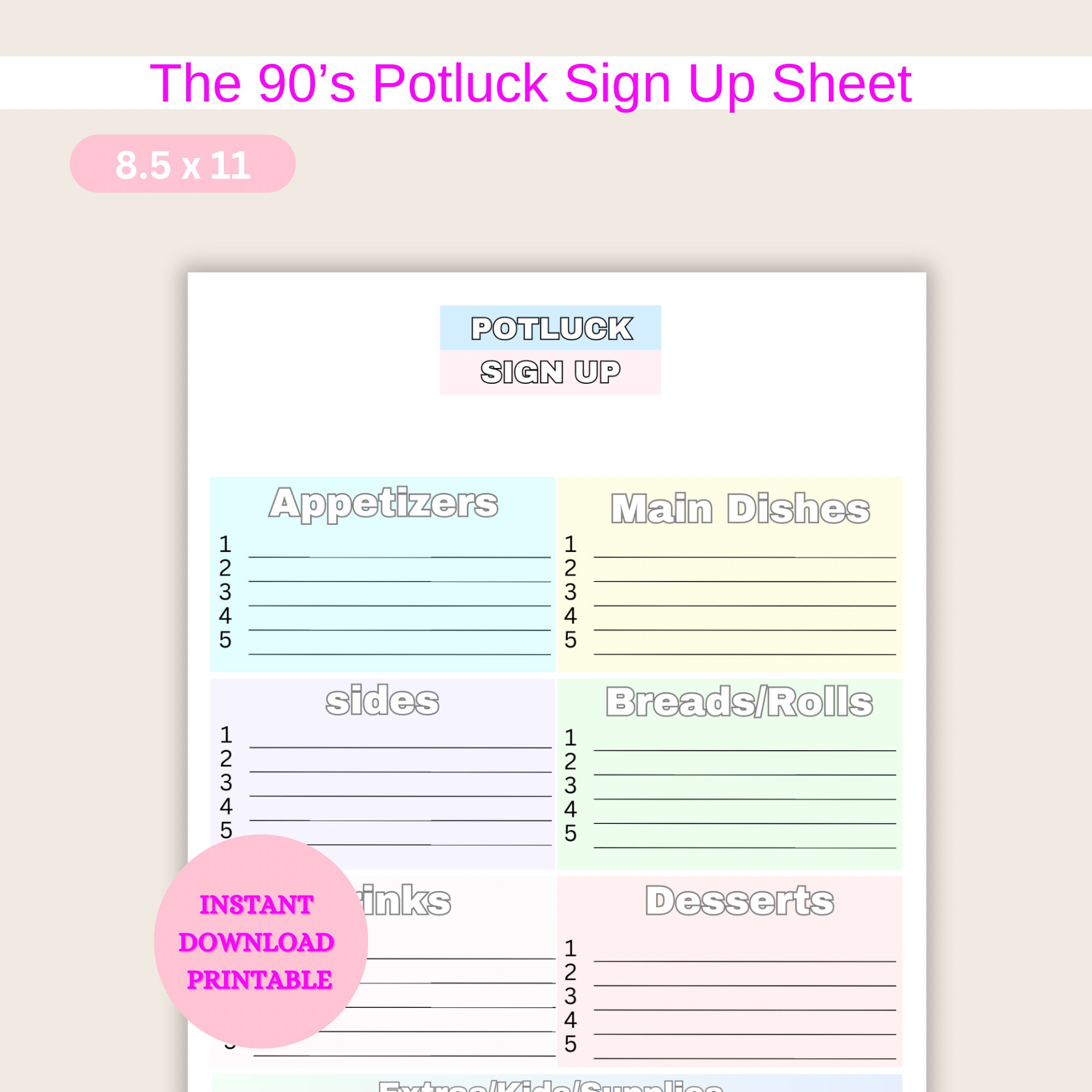 The 90s Party Signup Sheet Potluck Sign up Sheet Printable Party Food ...