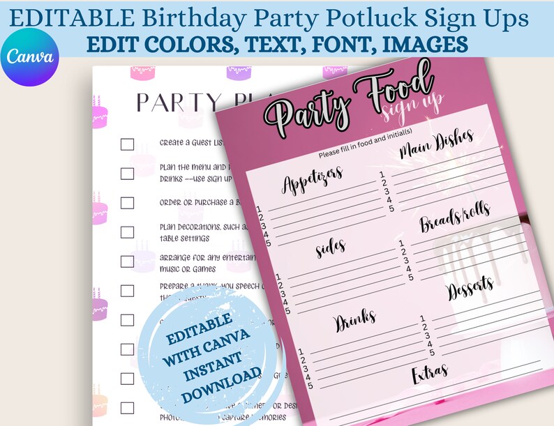Potluck Sign up Sheet Birthday Party for Kids Boy Birthday Party Girl ...