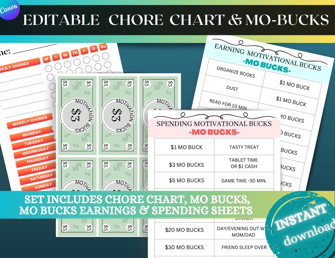Editable Kids Reward System, Mom Bucks Chore Motivation, Printable ...